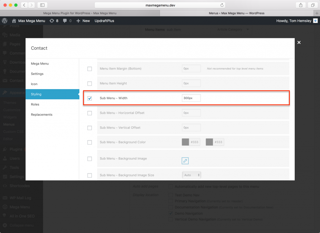 How to change the width of an individual sub menu – Max Mega Menu